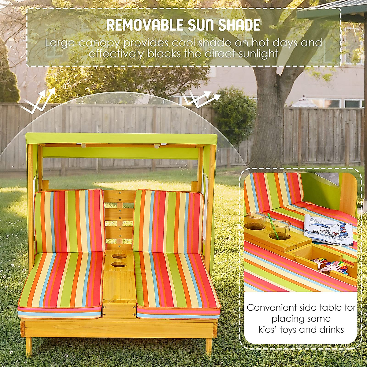 COSTWAY Kids Double Chaise Lounge Outdoor, 2-Seat Patio Lounge Chair with Cup Holders & Cushions, Kids Beach Chair with Canopy, Wood Patio Furniture for Children Boys Girls 3-8 Year Old