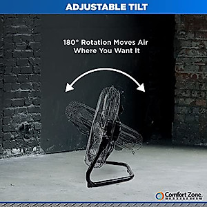 Comfort Zone CZHV14B 14” High Velocity 3-Speed Cradle Mount Floor Fan with 180-Degree Adjustable Tilt, All-Metal Construction, Carry Handle and Rubber Feet for Stability, Black