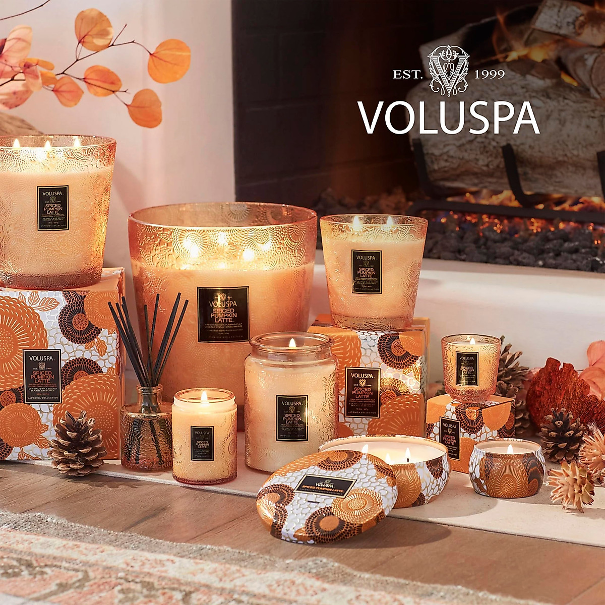 Voluspa Spiced Pumpkin Latte, 2 Wick Boxed Hearth Candle, 16.5 Ounce, 60 Hour Burn Time, All Natural Wicks and Coconut Wax for Clean Burning, Vegan, Poured in The USA
