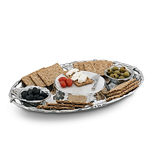Arthur Court Sand-Cast Aluminum Olive Pattern 5 Piece Entertainment Tray 2 Serving Bowls, Tray, Spread, Marble 20 inch x 13 inch