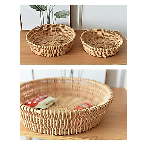 Healthy Fresh Rattan Basket 100% Natural Handwoven Deep Wicker Round Fruit Basket Woven Food Storage Weaved U Organizer Holder Bowl Decor Rack Display Small Flat Bottom Hollow Weaving (Small)
