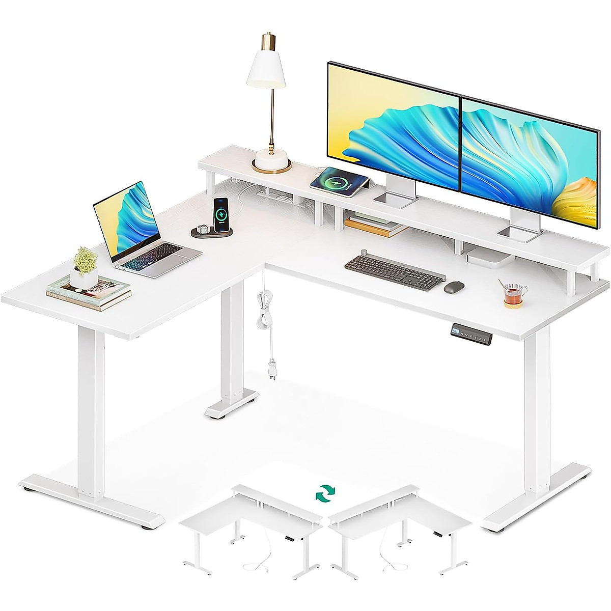 AODK Electric L-Shaped Standing Desk, Height Adjustable Office Desk with Monitor Stand, Sit-Stand Desk with Power Outlets, Large Lift Table for Home, Office, Workstation, White