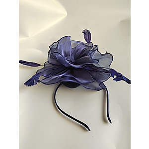 Women Organza Fascinator Hat Flower Feather Fascinators Tea Party Hat Headwear Fascinator Headband for Wedding Evening Church Navy