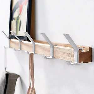 Generic Moderm Wall-Mounted Coat Hook Rail with 5 Double Hooks, 15-Inch Aluminum and Metal for Coats, Hats, Towels, and Robes (White). Natural Wood (Lacquer Coating); Hook: Aluminum (x 5)