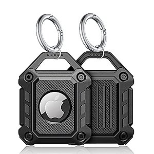 [2 Pack] LUSTAM Airtag Keychain Holder Case with Key Ring Loop, Polycarbonate Fullbody Shockproof Drop Proof Rugged Protector Hard Case for Apple Air Tag Finder - Black