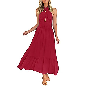 ZESICA Women's 2023 Summer Crossover Halter Neck Sleeveless Plaid Cut Out Backless Flowy A Line Maxi Dress,Red,Medium