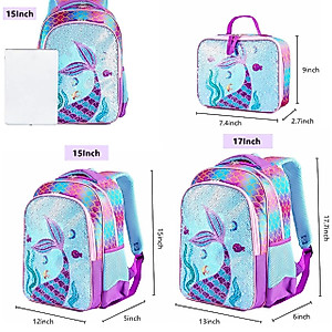 Reversible Sequin School Backpack Lightweight Little Kid Book Bag with Lunch Bag Set for Preschool Kindergarten Elementary (15", Mermaid with Lunch Bag)
