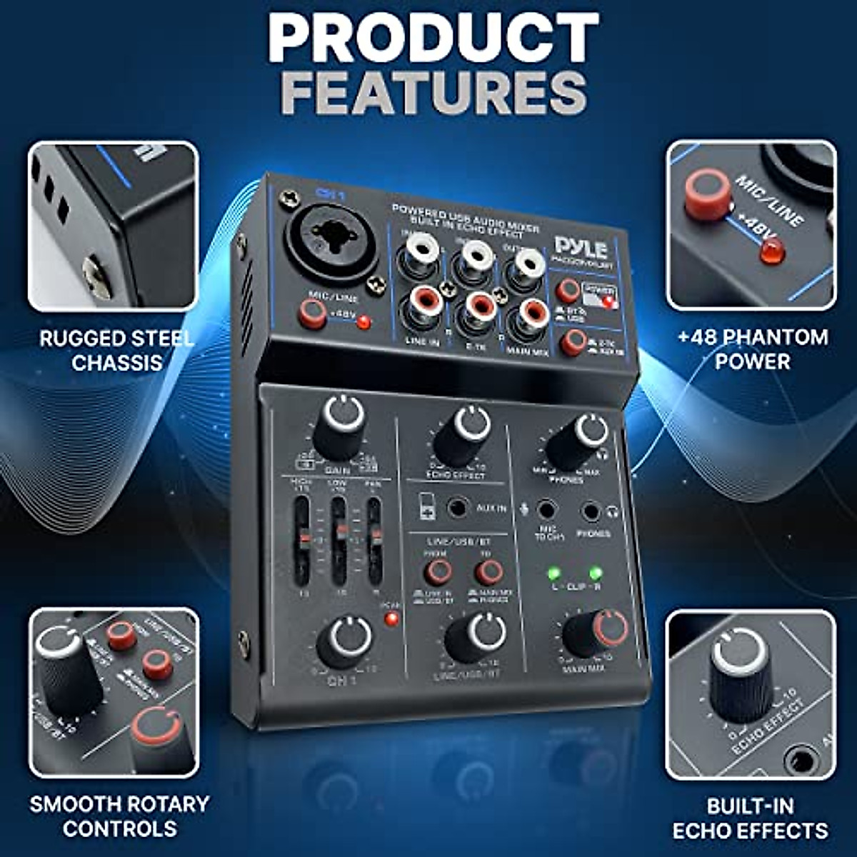 Pyle Professional Wireless DJ Audio Mixer - 3-Channel Bluetooth DJ Controller Sound Mixer w/USB Audio Interface, Combo Jack XLR+6.35mm Mic/Line/Guitar In, 3.5mm, RCA, AUX, Headphone Jack PAD33MXUBT
