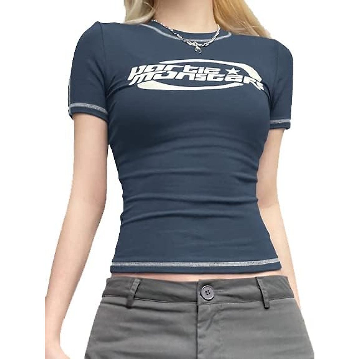 EMMIOL Girls Y2k Clothing Womens Shirts Summer Short Sleeve Baby Tee Stitched Short Sleeve Logo Graphic Tops Dark Blue