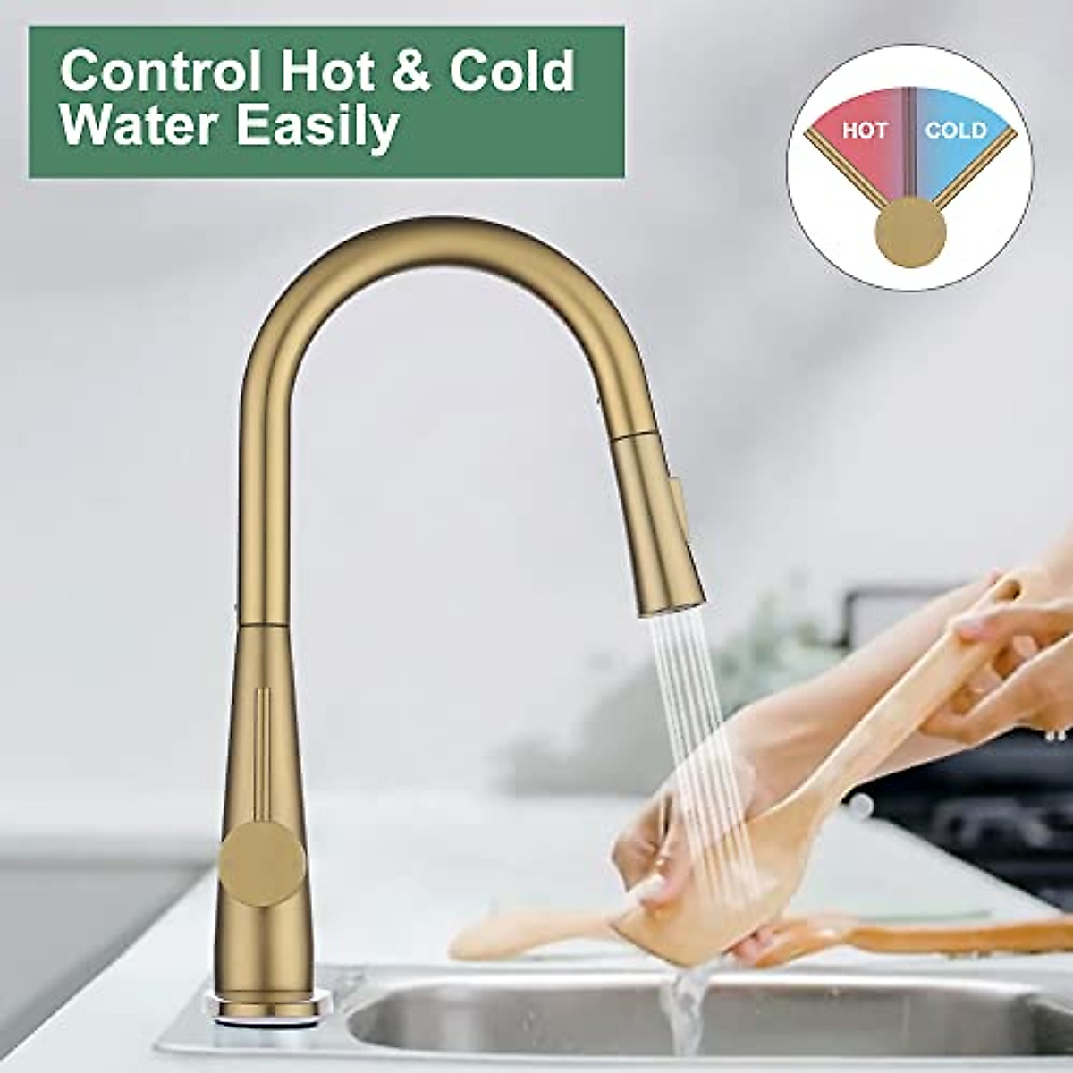 Tohlar Gold Kitchen Faucet, Kitchen Faucets with Pull Down Sprayer, Stainless Steel Single Handle Kitchen Faucet Fit for 1 or 3 Holes Kitchen Sink Faucet Gold Faucet for Kitchen Brushed Gold