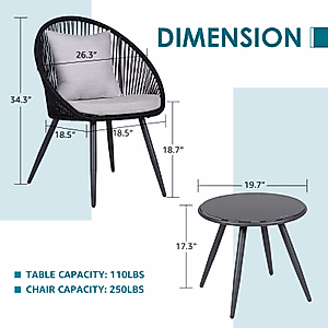 COBANA 3 Piece Patio Bistro Set, Outdoor Conversation Balcony Furniture Set with Glass Top Table and Cushioned Chairs, Black