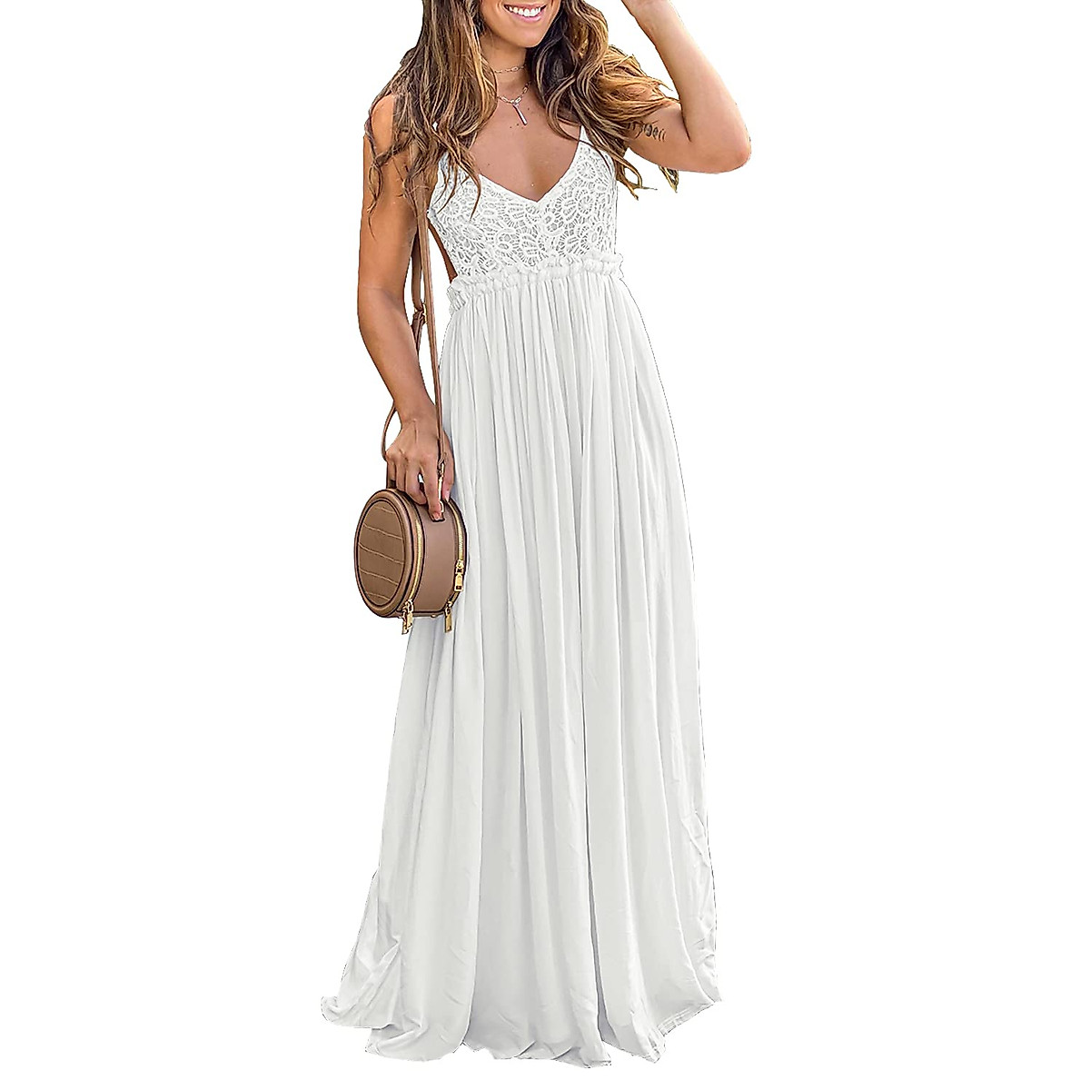 Ladmous Women's V Neck Floral Lace Wedding Dress Backless Bridesmaid Evening Party Maxi Dress White，S