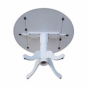 IC International Concepts, 42" Round Dual Drop Leaf Pedestal Dining Table, Solid Real Wood, Sturdy Parawood, White
