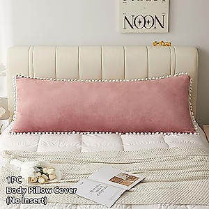 LIFEREVO Pom-poms Velvet Bed Body Pillow Cover, Long Fuzzy Body Pillow Pillowcase Cover 20x54, Boho Tassel Microfiber Full Bed Pillowcase for Kids Girls Teen Women Adults, Zipper Closure, Old Pink