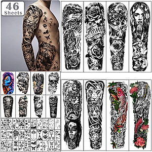 Extra Large Full Arm Waterproof Temporary Tattoos 8 Sheets and Half Arm Shoulder Tattoo 8 Sheets, Tiny 30sheets Lasting Tattoo Stickers for Girls Adult Women or Men (Total 46 sheets)