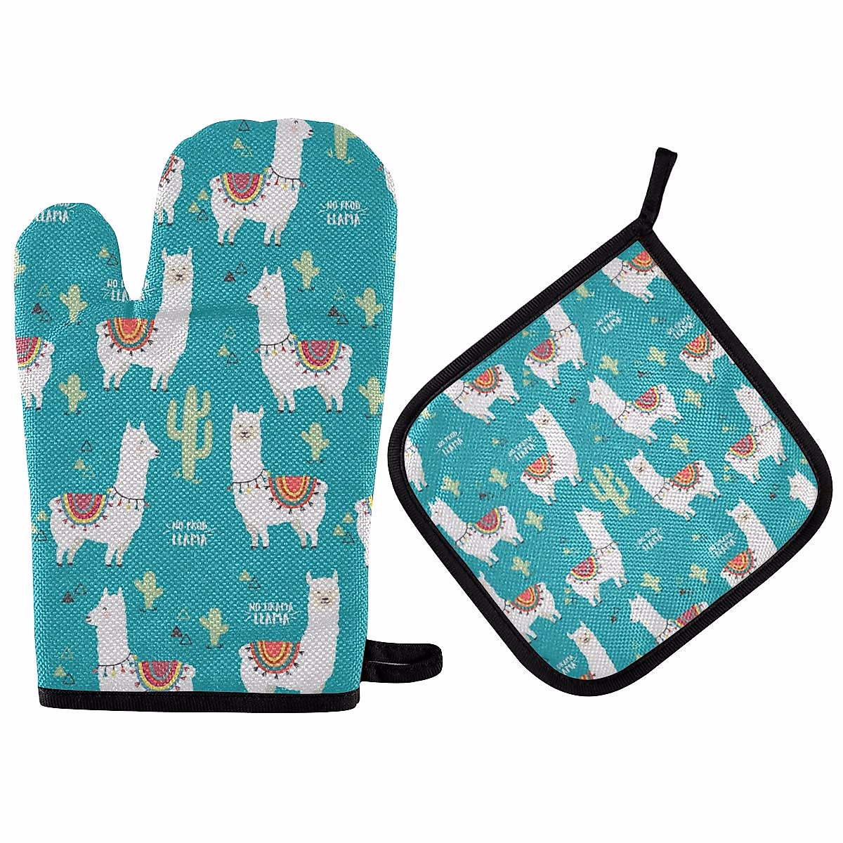 Qilmy Llama Oven Mitts and Pot Holders Heat Resistant Gloves Kitchen Counter Safe Mats for BBQ Cooking Baking Grilling Microwave