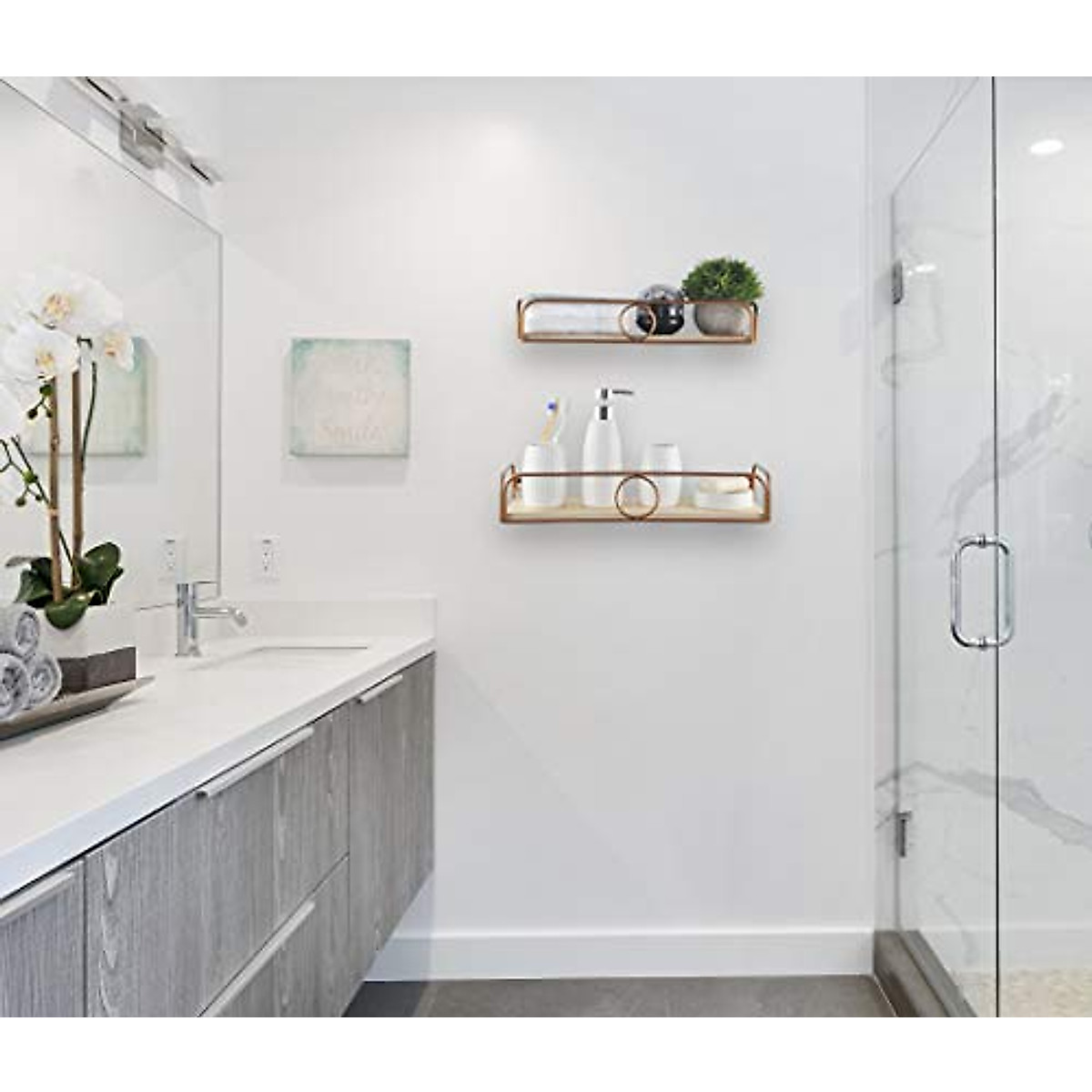 DUCIHBA Set of 2 (Large & Small) Wall Mount Floating Shelves Storage Organize Decorate Display for Nursery Living Kitchen Bedroom Bathroom, Torched Wood with Metal Railing_ Natural Beige & Golden