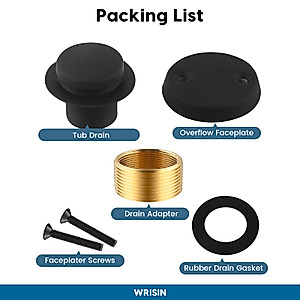 WRISIN Black Bathtub Drain Kit with Overflow, Metal Tip-Toe Tub Drain and Two-Hole Overflow Cover Plate, Brass Bushing for Drain Body Included, Universal Fit