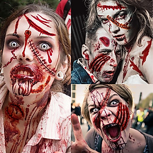 VANTATY 215+ PCS 30 Sheets 3D Fake Scars Tattoo Temporary Halloween Makeup Kit, Fake Stitches Tattoos Cut Scary Face Wound Blood Chucky Scars Tatoos For Kids Women Men Boys Girls Zombie Sticker
