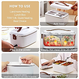 Landmore Electric Lunch Box Food Heater, 70W Food Heated 110V & 12V Portable Food Warmer Heater for Truck/Car/Home Self Heating Box with 1.8L 304 Stainless Steel Container and Lunch Bag