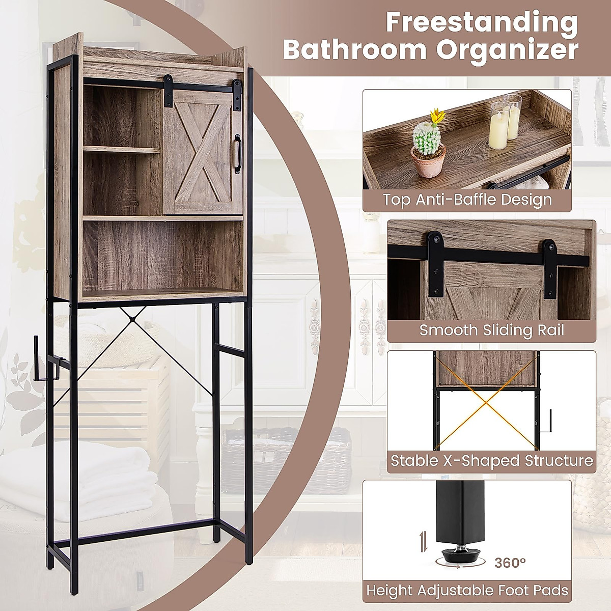 Giantex Over The Toilet Storage Cabinet - Freestanding Bathroom Organizer Rack with Adjustable Shelf, Sliding Barn Door, Paper Holder, Bathroom Space Saver, Above Toilet Storage Cabinet (Grey)