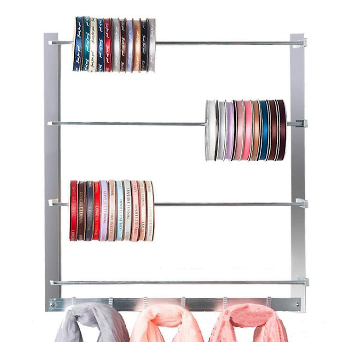 harayaa Wire Spool Rack with 4 Rods, Wall-Mounted Steel Thread Holder Ribbons Organizer with Hanging Tools for Organize Sewing Embroidery Thread, Silver, 60x53cm