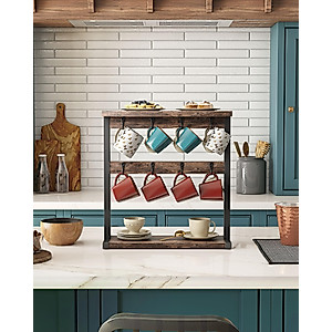 OROPY Wood Coffee Mugs Holder for Counter with 16 Hooks, 2 Tier Mugs Tree with Top Storage Shelf, Vintage Countertop Mug Rack Stand for Home Coffee Bar Storage and Display