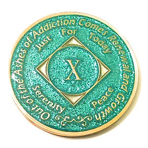 Recovery Line 10 Year NA Aqua Blue Glitter, Sparkle, Bling, Blingy, Medallion, Token, Chip, Coin