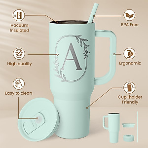 Personalized Monogrammed Tumbler with Handle 40oz, Letter A Tumblers Insulated Coffee Travel Cup, Custom Initial Gift for Women Girls Friends, Monogram Gift for Christmas Birthday Mothers Day
