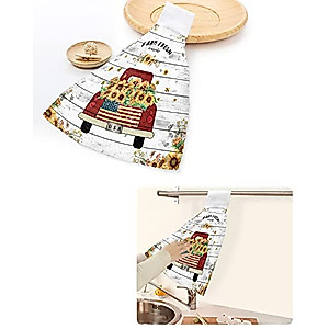 Rural Country Red Truck Yellow Blooming Sunflower and Bees Hanging Tie Towel for Kitchen Bathroom, 2 Pack Durable Absorbent Hand Towels Hangable Washing Cloths Home Cleaning Decor Wood Plank