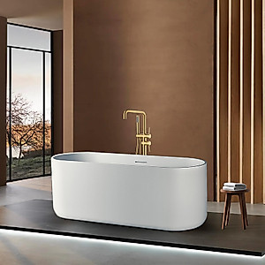 Hideno Freestanding Bathtub Faucet Brushed Gold, Two Function Handle Floor Mount Tub Filler Faucet with Handheld Shower and 360 Degree Swivel Spout (Brushed Gold)