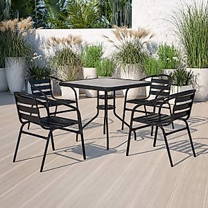 Flash Furniture 5-Piece Patio Dining Set with 31.5" Square Glass Metal Table and 4 Stackable Slat Back Chairs, Indoor/Outdoor Bistro Table and Chairs Set, Black