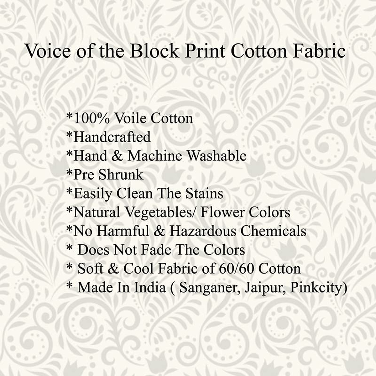 E-Tailor® Cotton Fabric India Hand Block Print Floral Fabric Ideal for Dress Making, Craft and Arts, Patchwork, Quilting, Doll Making, DIY Craft-1 Yard- Floral -Parchment