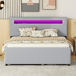 FANYHOME Queen Size Upholstered Platform Bed with 2 Storage Drawers and Twin Trundle, LED Lights and USB Charging, Linen Queen Bed Frame with Headboard and Wood Slat Support, Gray