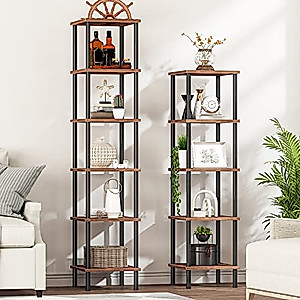 HOOBRO 5-Tier Corner Shelf Stand, Corner Square Rack Display Shelf, Tall Storage Rack Plant Stand, Corner Bookcase for Small Spaces, Living Room, Home Office, Kitchen, Rustic Brown and Black BF50CJ01