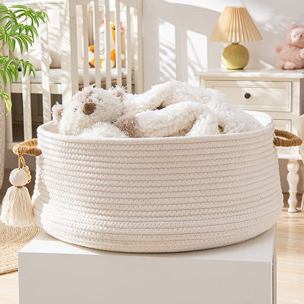 KAKAMAY Woven Baskets for Storage(16"x8"),Blanket Basket for Organizing Living Room,Cotton Rope Basket Woven Baby Laundry Hamper,Collapsible Laundry Room Organization,Clothes,Toy Chest(White)