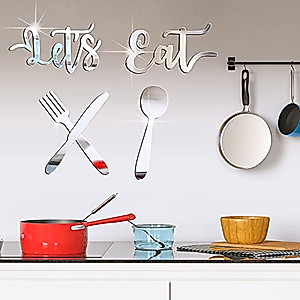 Let's Eat 3D Mirror Wall Stickers Acrylic Kitchen Wall Decals Decoration Removable Fork Spoon Knife Sign DIY for Restaurant Dining Room (Elegant Style)