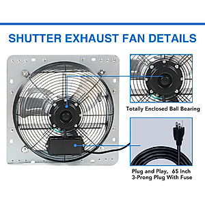 KEN BROWN 12 Inch Shutter Exhaust Fan Wall Mounted,Aluminum with 1.65 Meters Power Cord Kit,High Speed 1800CFM,Vent fan for Commercial,Greenhouse,Attic,Shed,Shop