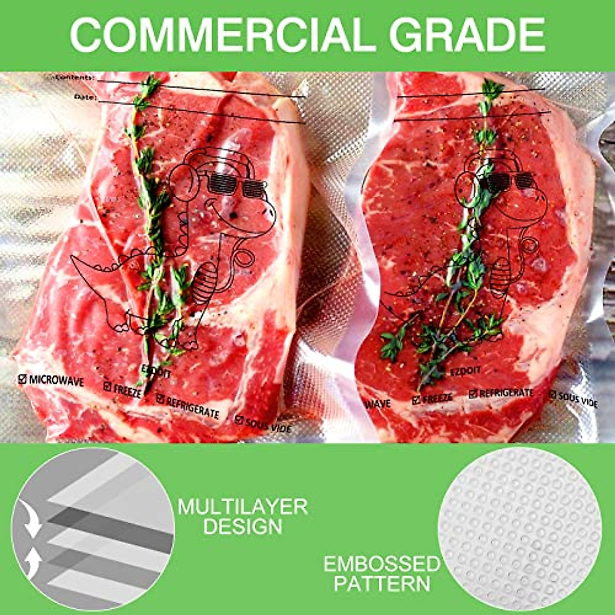 EZDOIT Vacuum Sealer Bags Commercial Grade for Food Saver, Food Sealer Bags BPA Free, Heavy Duty, Food Vac Bags for Storage Meal Prep or Sous Vide 100 Pack (8'' x12'')