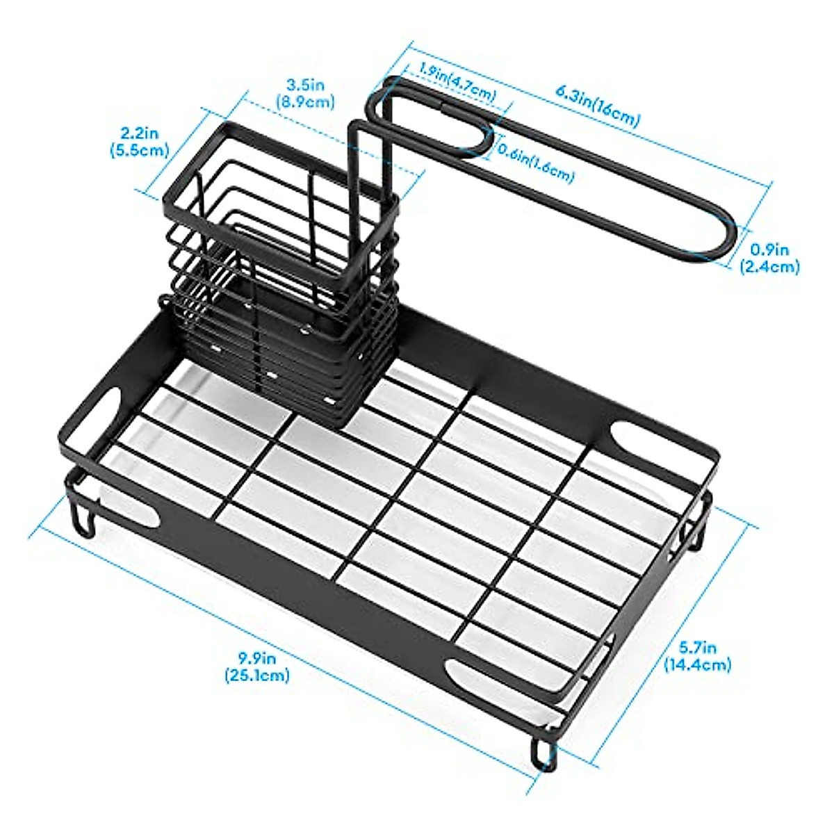 Newruiheng Kitchen Sink Organizer Caddy, Sponge Holder for Kitchen Sink with Drain Pan Tray, Stainless Steel Rust-Proof Brush Basket Shelf Kitchen Organization Rack for Soap, Brush, Dishcloth (Black)