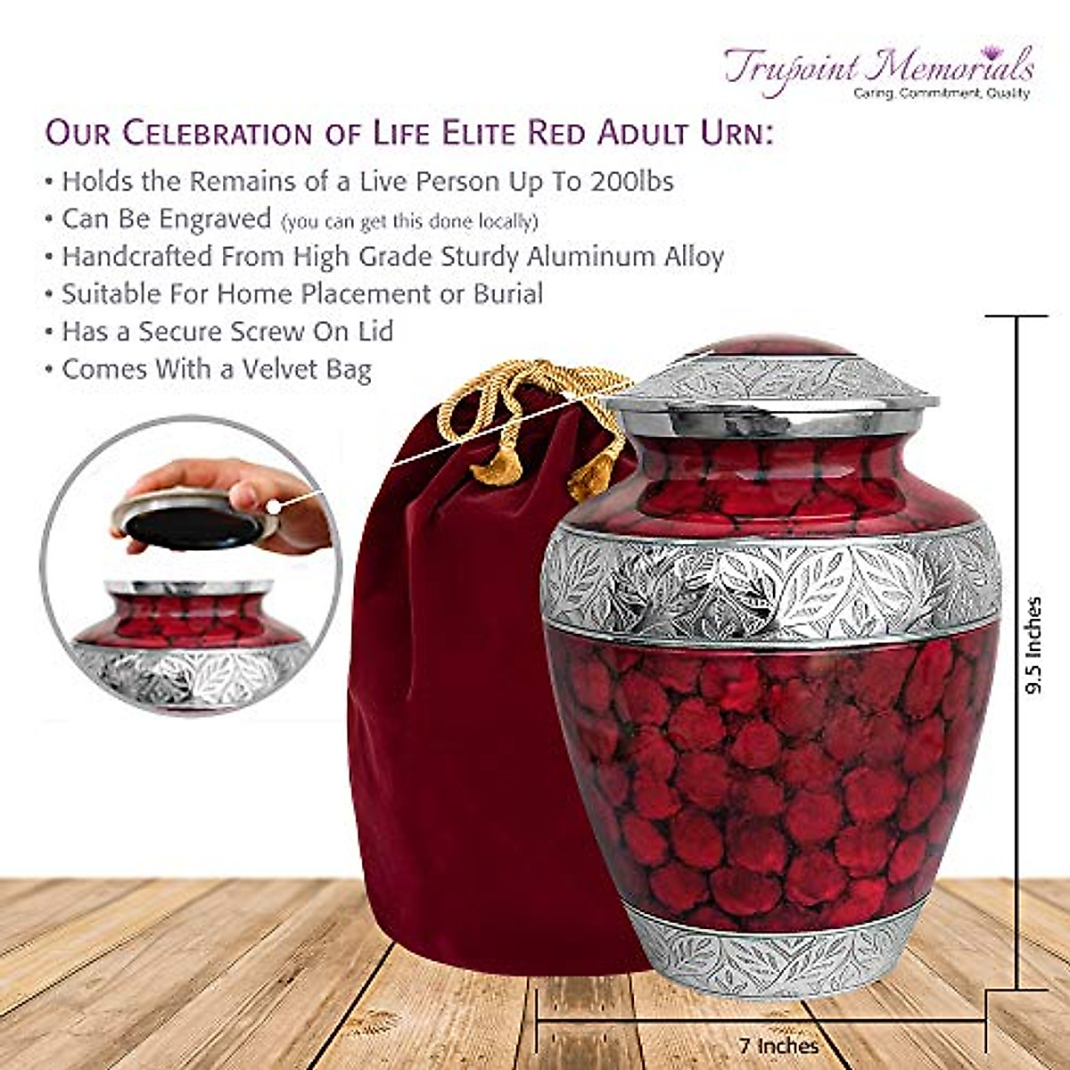 Trupoint Memorials Cremation Urns for Adult - Handcrafted Cremation Urn, Large Burial Urns for Ashes Adult Male - Urns for Human Ashes Adult Female, Funeral Decorative Urns - Up to 200 LBS