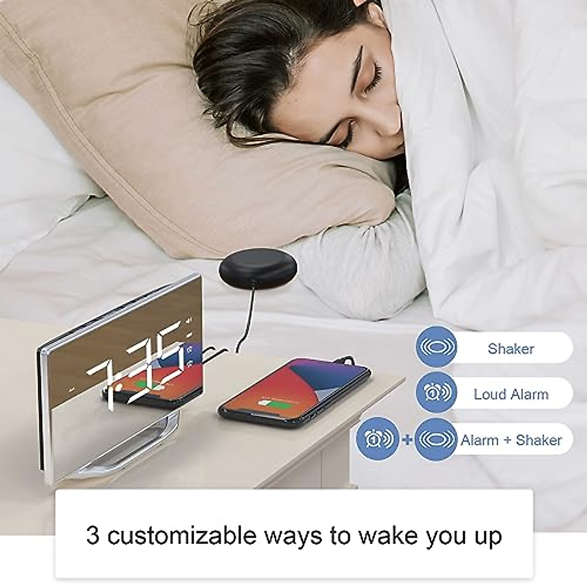 Alarm Clock for Heavy Sleepers Adults, 8.7'' Large Led Digital Mirror Alarm Clock with USB Charger, Vibrating Alarm Clock with Bed Shaker, Battery Backup Snooze Dual Alarm Dimmer, for Teens Adults