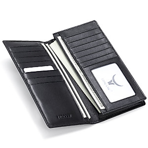 HISCOW Bifold Long Wallet with 15 Credit Card Slots - Italian Calfskin (Black)