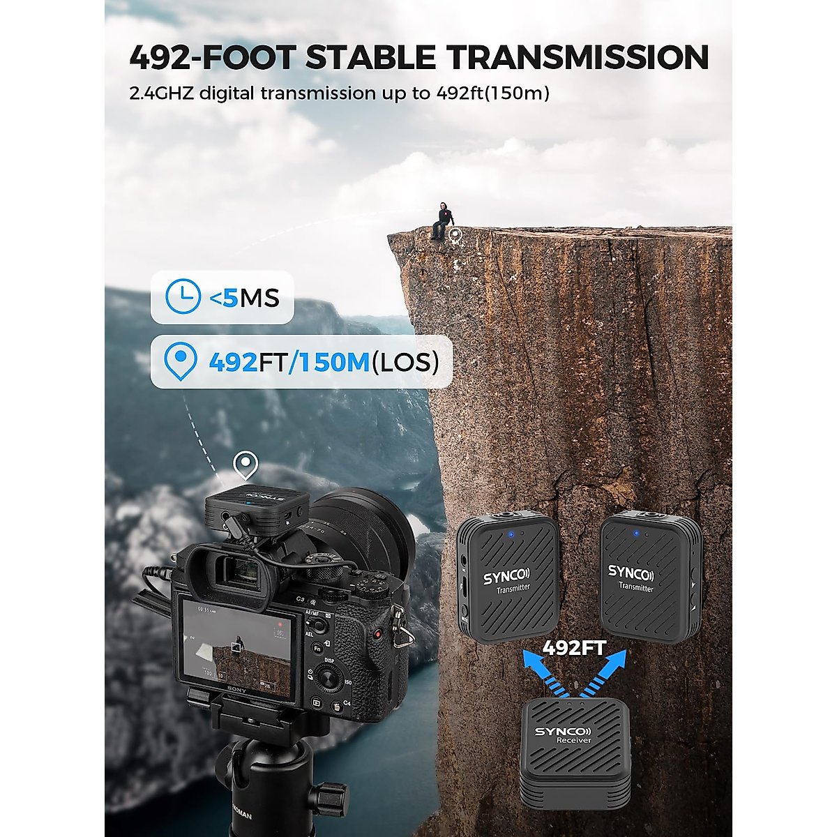 SYNCO Wireless Lavalier Microphones & System, G1(A2) 2.4G Dual Transmitter Lapel Mic 492FT 8H for YouTube Vlog Live Stream for Camera Smartphone Tablet, Wireless-Lavalier-Microphone-for-DSLR Camera