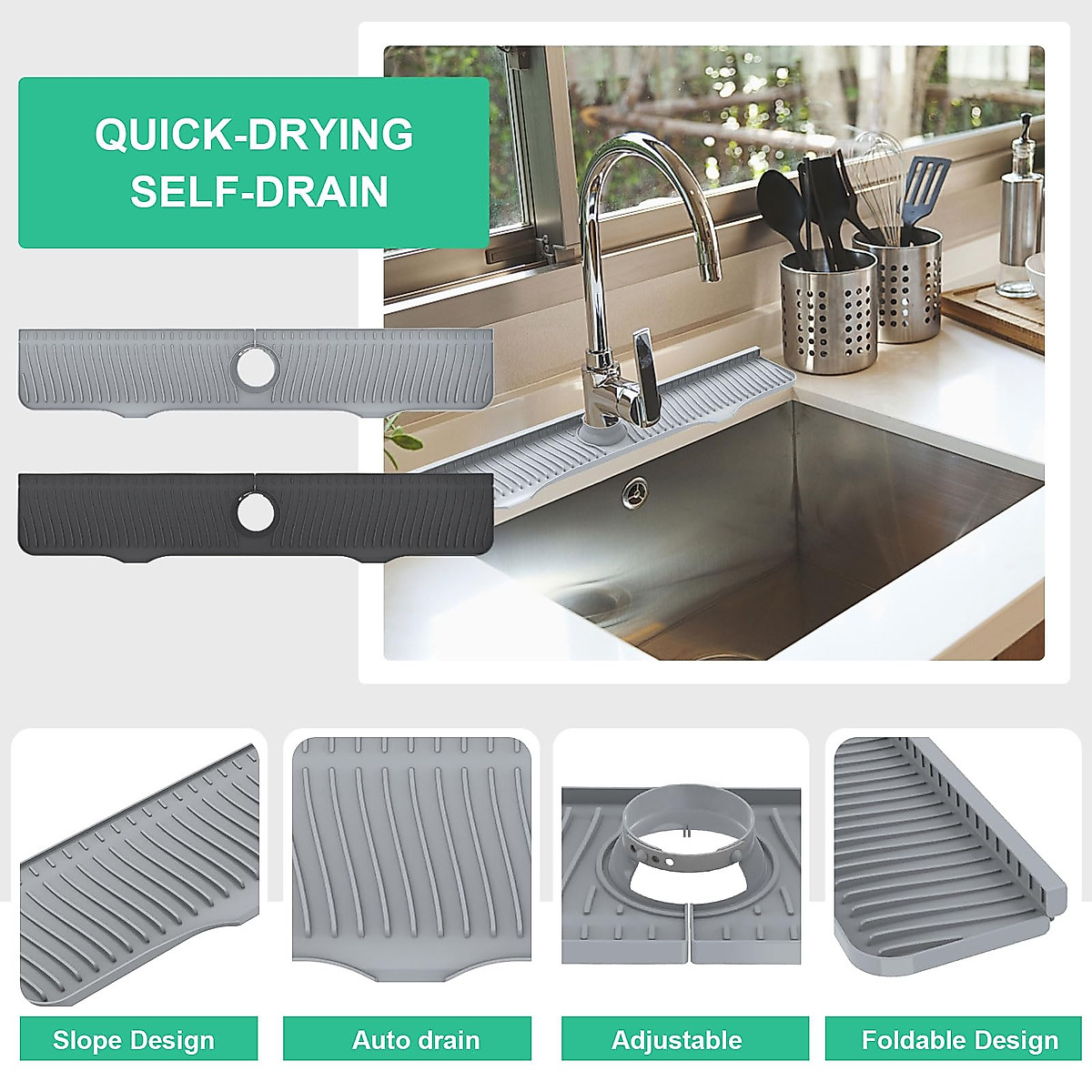 32 Inch Sink Splash Guard, Kitchen Sink Drying Mat, Countertop Faucet Drip Catcher Tray, Sponge Holder (Gray)