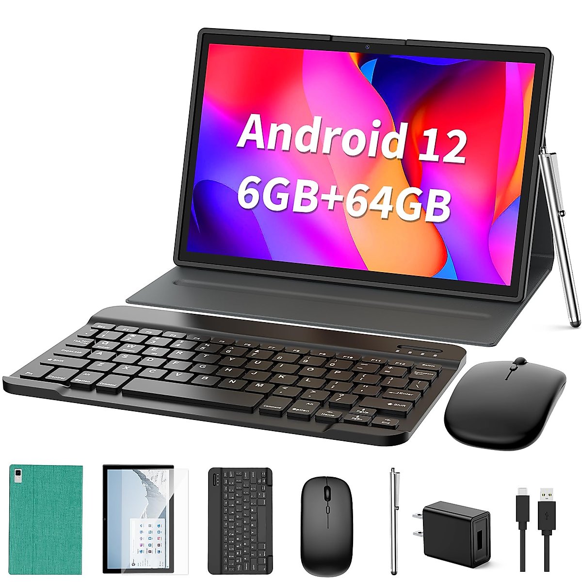 Android Tablet 2 in 1 Tablet, 10 inch Android 12 Tablet 6GB+64GB with Keyboard, Tablets with Case Mouse Stylus,512GB Expandable Dual Camera, WiFi, Bluetooth, GMS Certified Tablet PC(Green)
