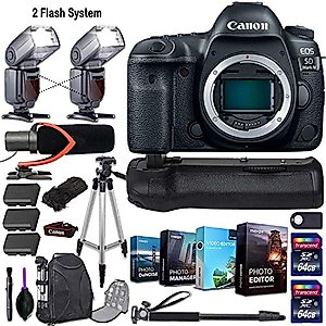 Canon EOS 5D Mark IV DSLR Camera (Body Only) + 2 Flash System with Deluxe Accessory Kit (4-Pack Photo/Video Editing Software, Pro Microphone w/Windshield and More) (Renewed)