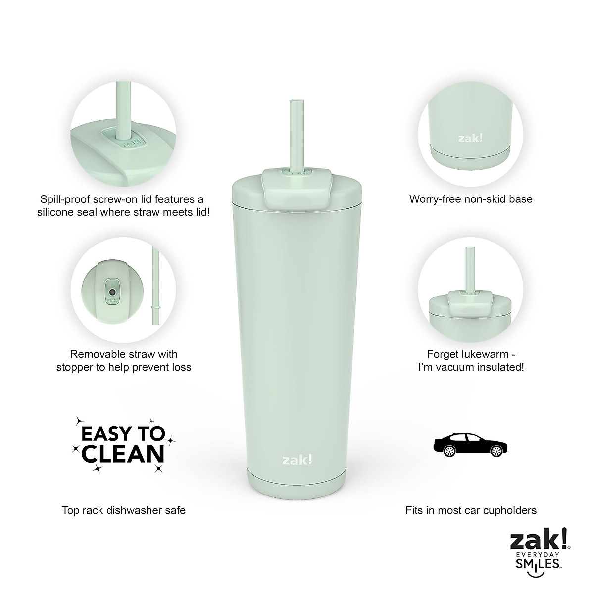 Zak Designs Beacon Straw Tumbler for Travel or At Home, 24oz Stainless Steel with Vacuum Insulated and Non-Skid Base (Icicle Mint Green)