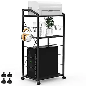 VEDECASA Large 3-Tier Mobile Printer Stand Computer Tower Stand PC Stand CPU Stand Retro Farmhouse Wood Printer Shelf for Home Office Kitchen Organizer Storage with 8 Hooks Caster Wheels (Black)