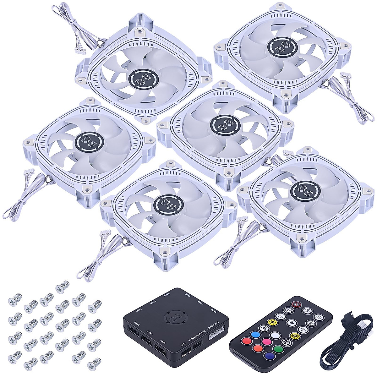 DS Addressable RGB 120MM LED Fans with Controller for White PC Case, White CPU Cooler, White Radiators System (RGB Fans 6 Pack, G Series)